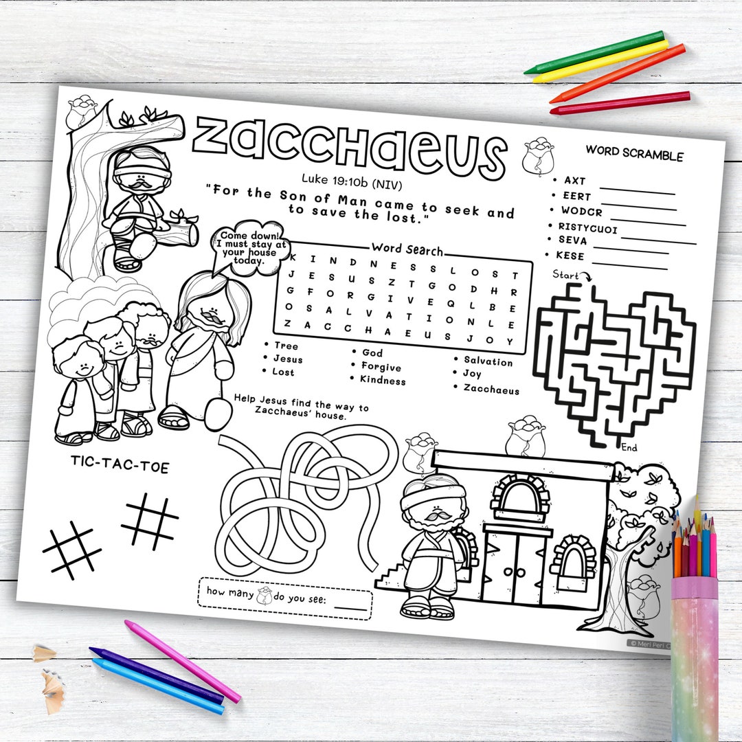 Zacchaeus Activity Placemat, Life of Jesus Bible Story Coloring ...