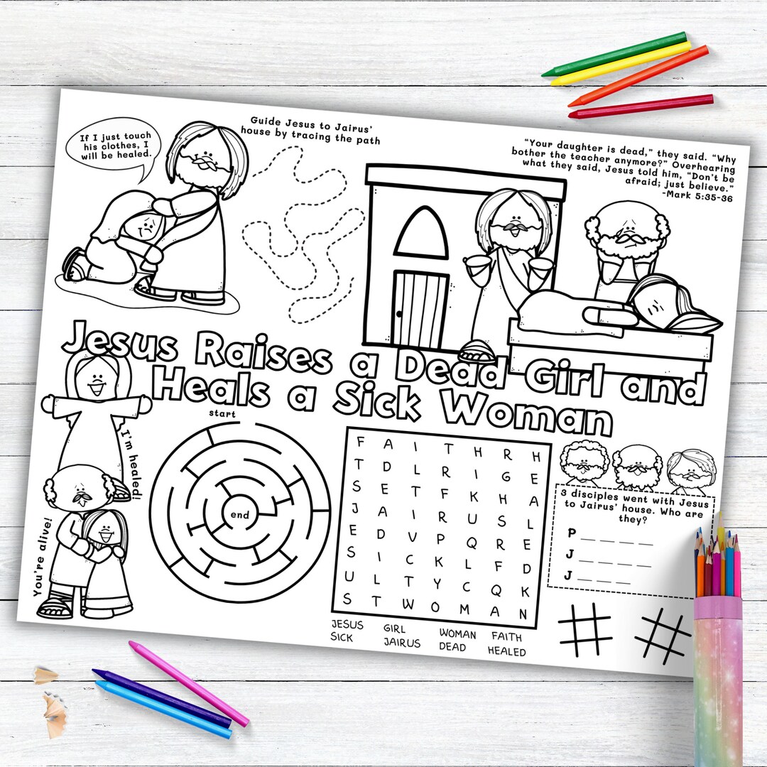 Jesus Raises a Dead Girl, Heals Sick Woman Activity Placemat, Bible ...