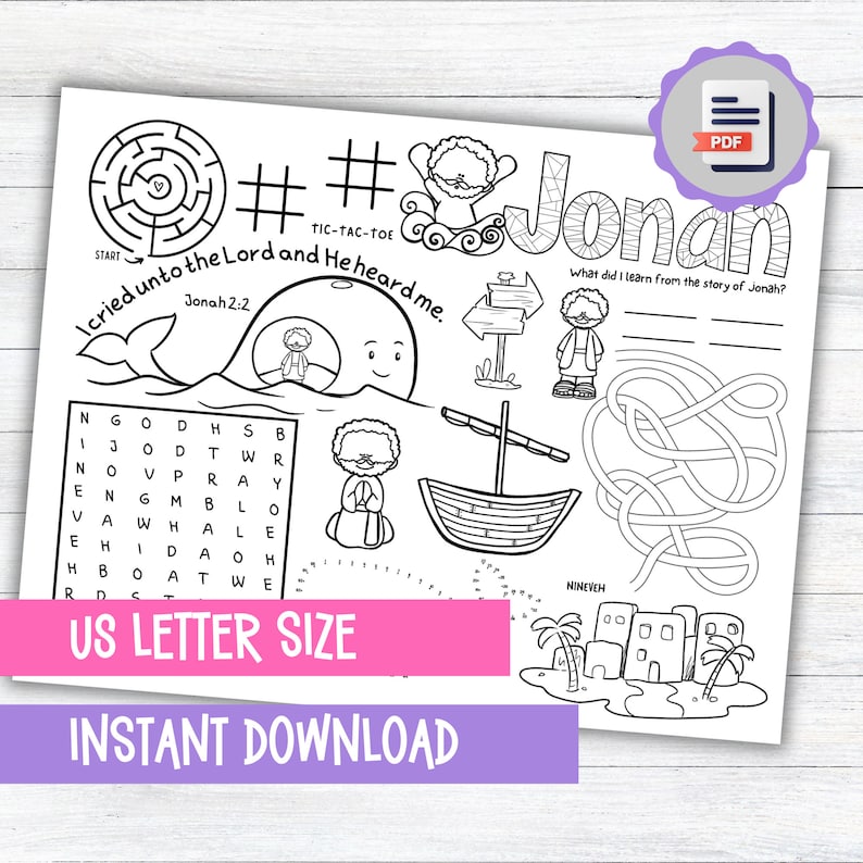 Jonah and the Whale Activity Placemat, Bible Story Coloring Placemat as ...