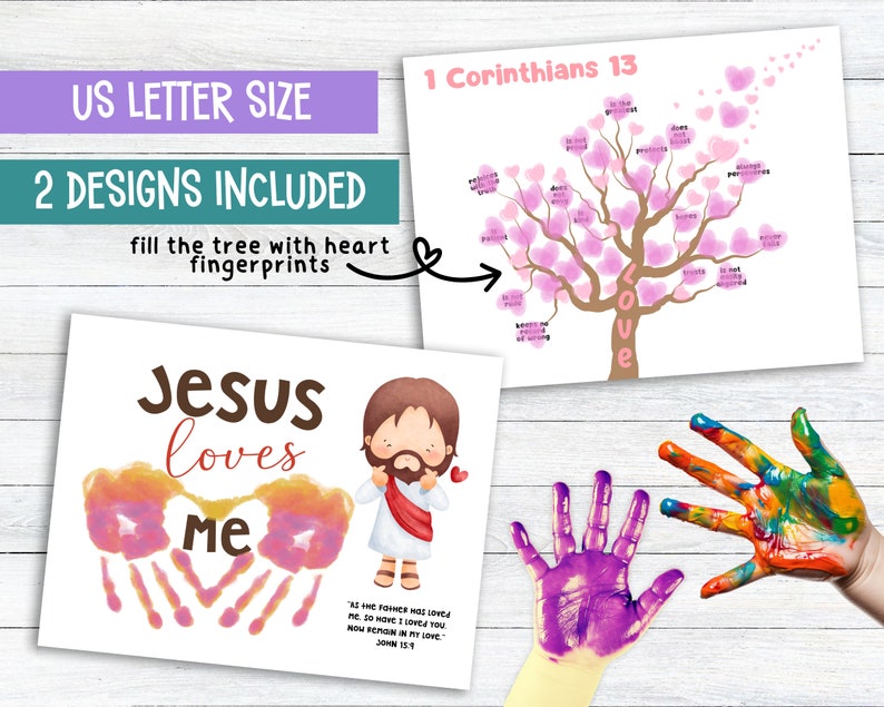 Jesus Loves Me, 1 Corinthians 13 Handprint Art Craft - Valentines, Biblical Love Watercolor ...