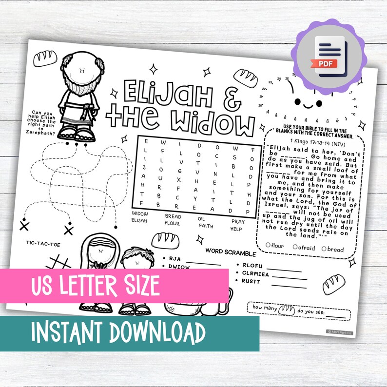 Elijah and the Widow Activity Placemat, Prophet Elijah Bible Story ...