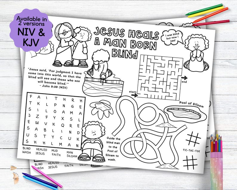 Jesus Heals a Man Born Blind Activity Placemat, Jesus Bible Story ...