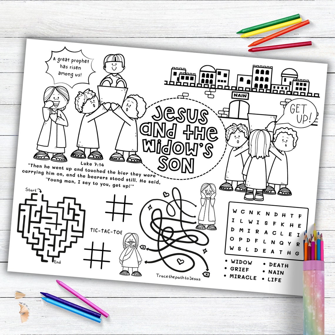 Jesus and the Widow's Son Activity Placemat, Life of Jesus Bible Story ...