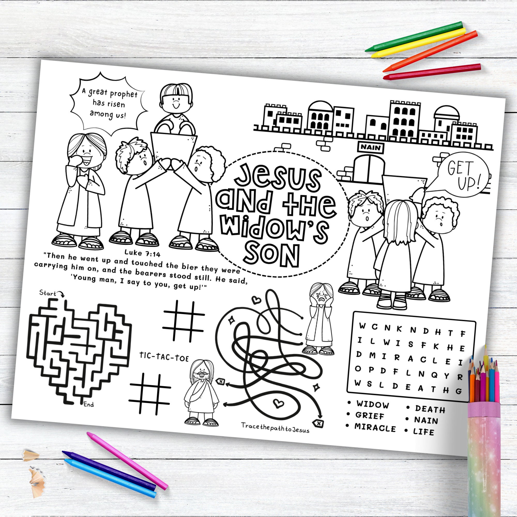Jesus and the Widow's Son Activity Placemat, Life of Jesus Bible Story ...