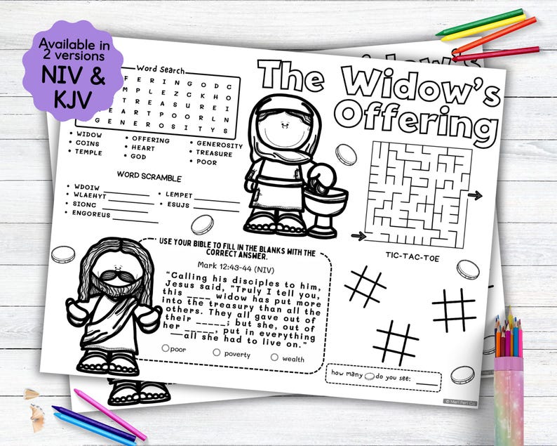 The Widow's Offering Activity Placemat, Jesus Bible Story Coloring ...
