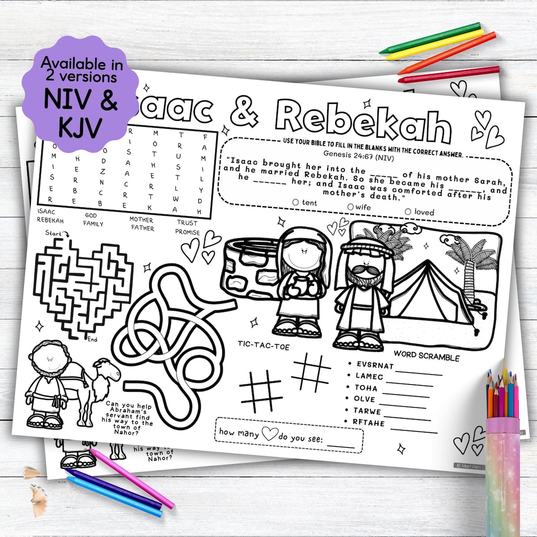 Isaac and Rebekah Activity Placemat, Old Testament Bible Story Coloring ...