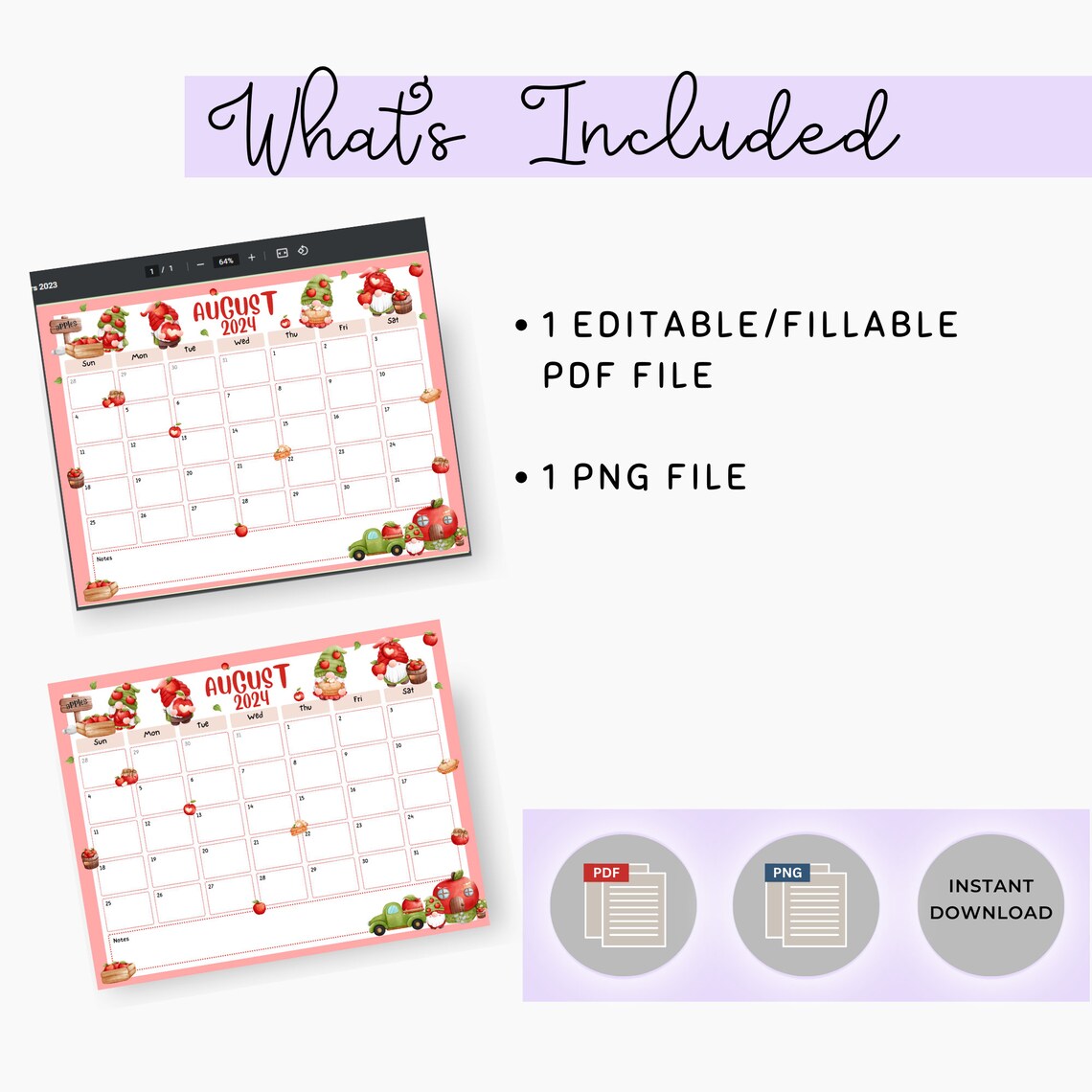 August 2024 Apple Gnome Calendar, EDITABLE/FILLABLE Apple Gnome Monthly ...