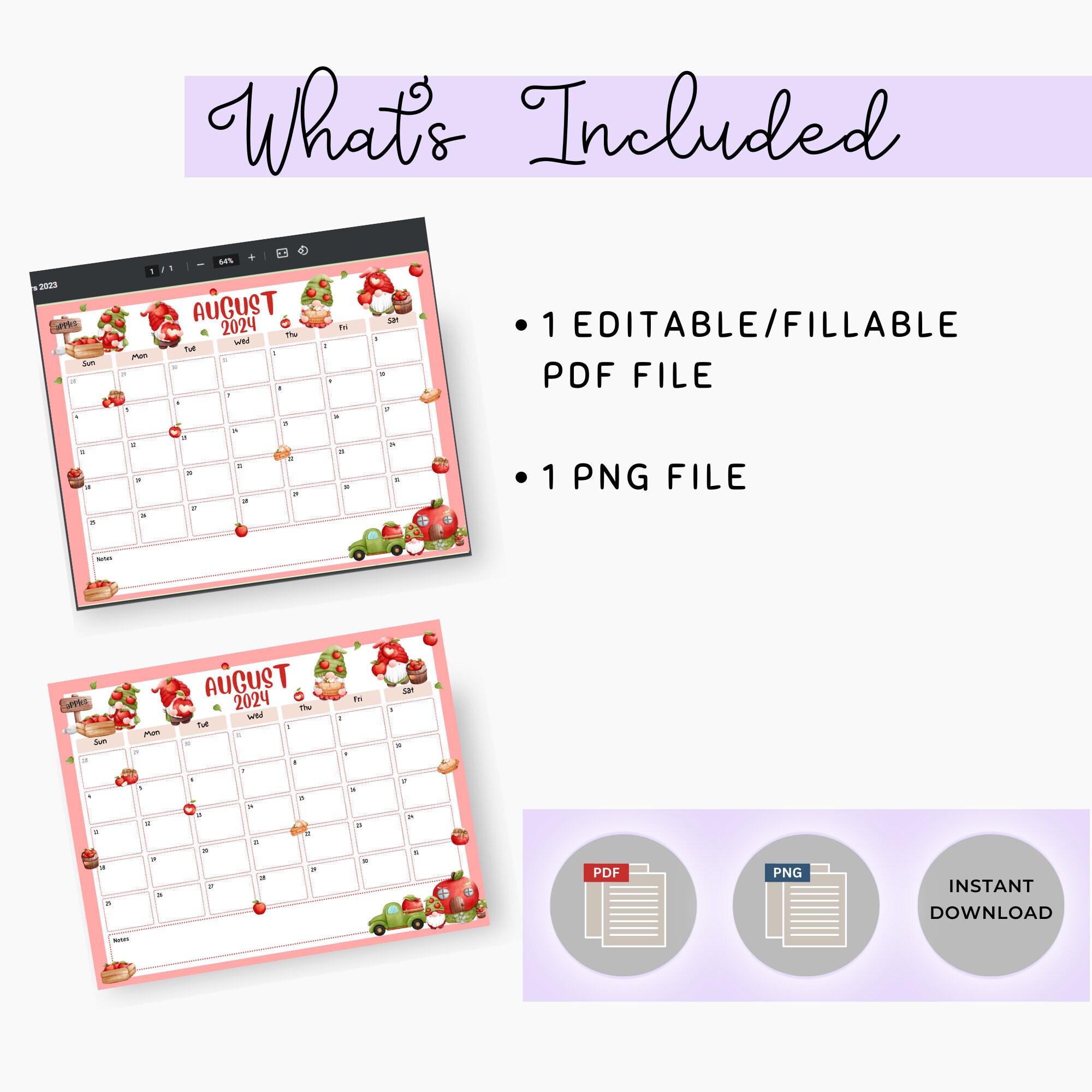 August 2024 Apple Gnome Calendar, EDITABLE/FILLABLE Apple Gnome Monthly ...