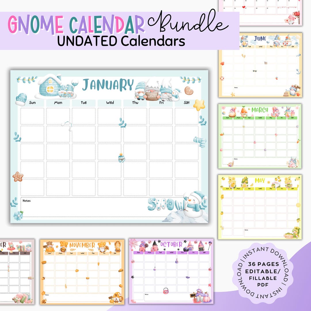 UNDATED Gnome Calendar Bundle, EDITABLE/FILLABLE Gnome Themed Monthly ...