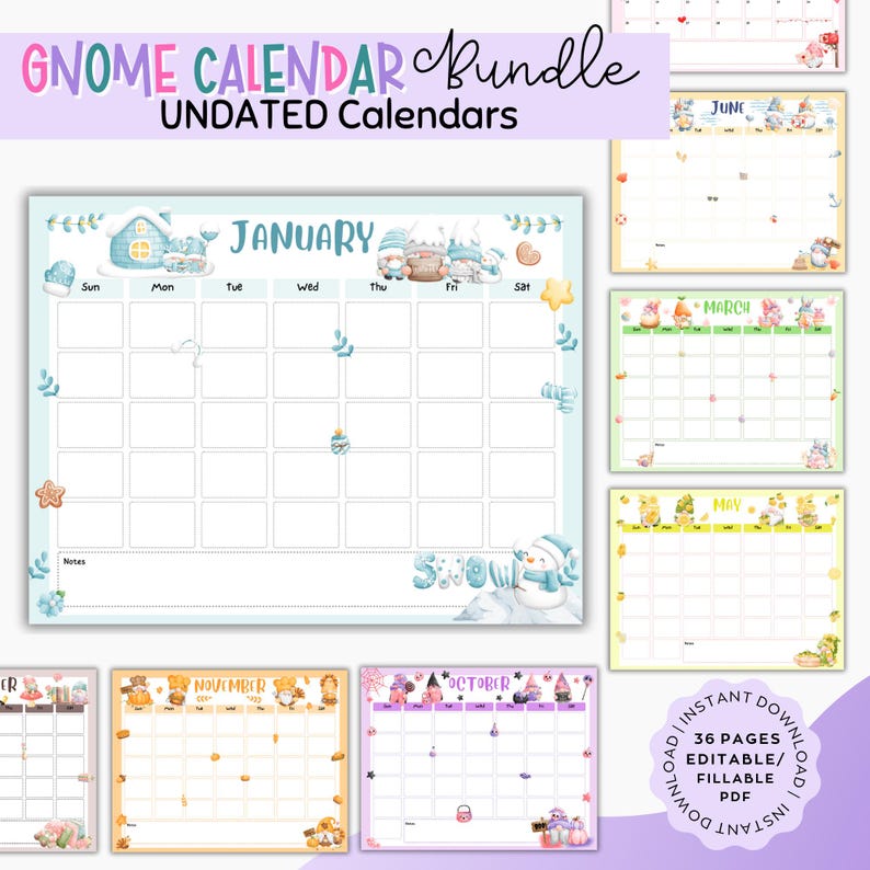 UNDATED Gnome Calendar Bundle, EDITABLE/FILLABLE Gnome Themed Monthly ...