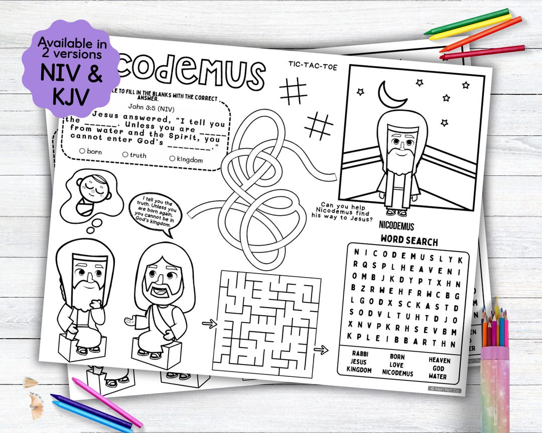 Jesus Teaches Nicodemus Activity Placemat, New Testament Bible Coloring ...