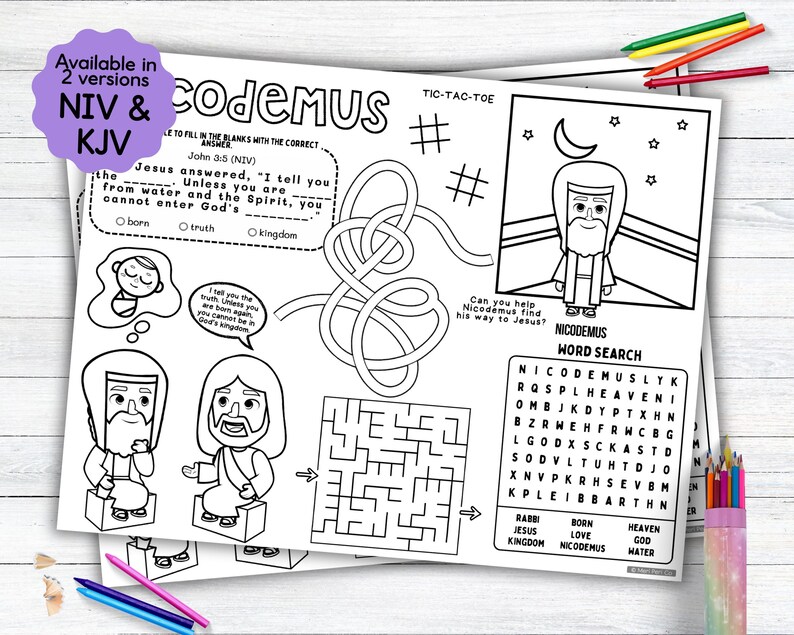 Jesus Teaches Nicodemus Activity Placemat, New Testament Bible Coloring ...