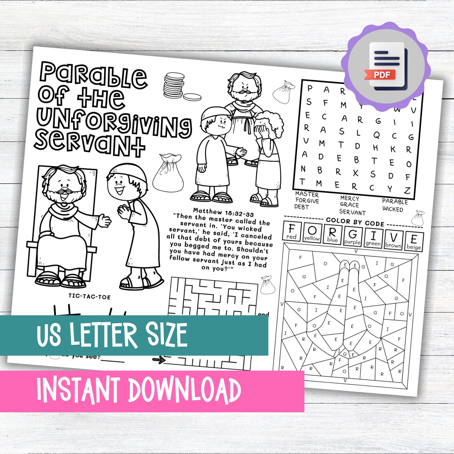 Parable of the Unforgiving Servant Activity Placemat, Bible Story ...