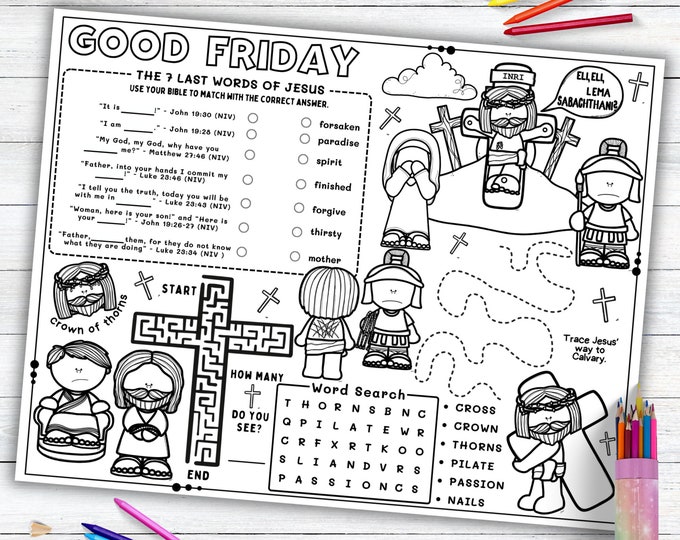 Good Friday Bible Activity Coloring Placemat, Christian Easter Sunday ...