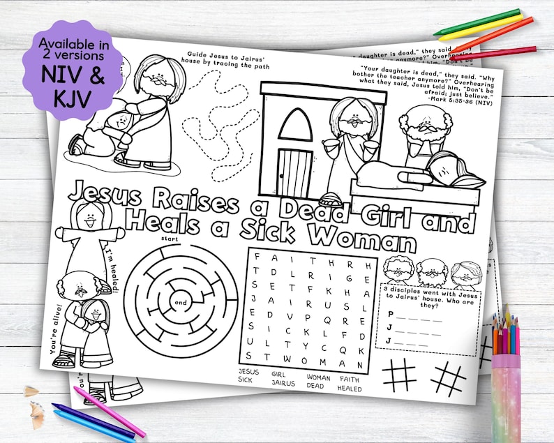 Jesus Raises a Dead Girl, Heals Sick Woman Activity Placemat, Bible ...