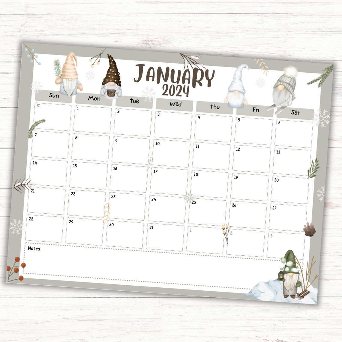 January 2024 Winter Gnome Calendar, EDITABLE/FILLABLE Winter Gnome ...