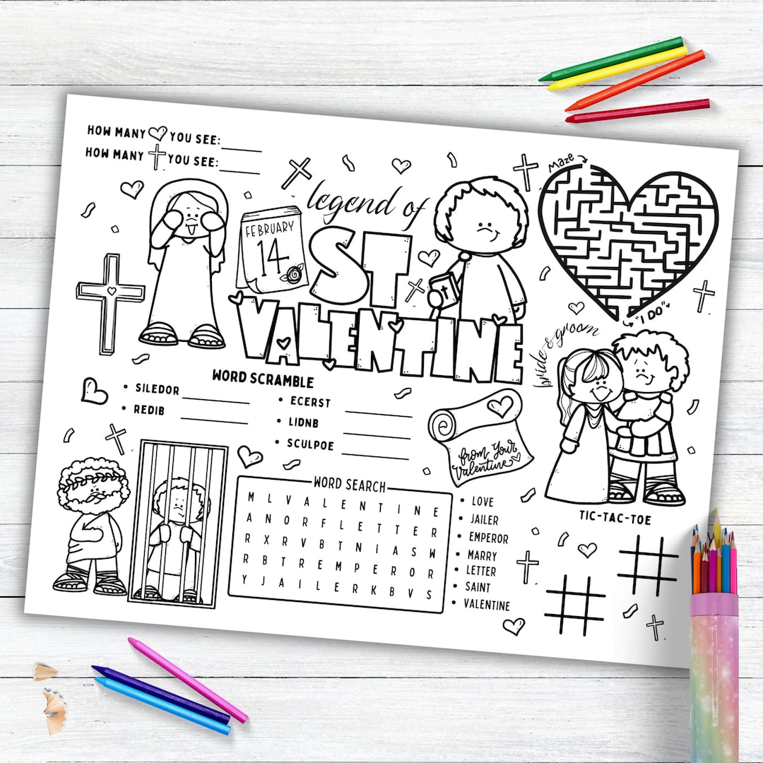 The Legend of St. Valentine Activity Placemat, Valentine's Day Coloring ...