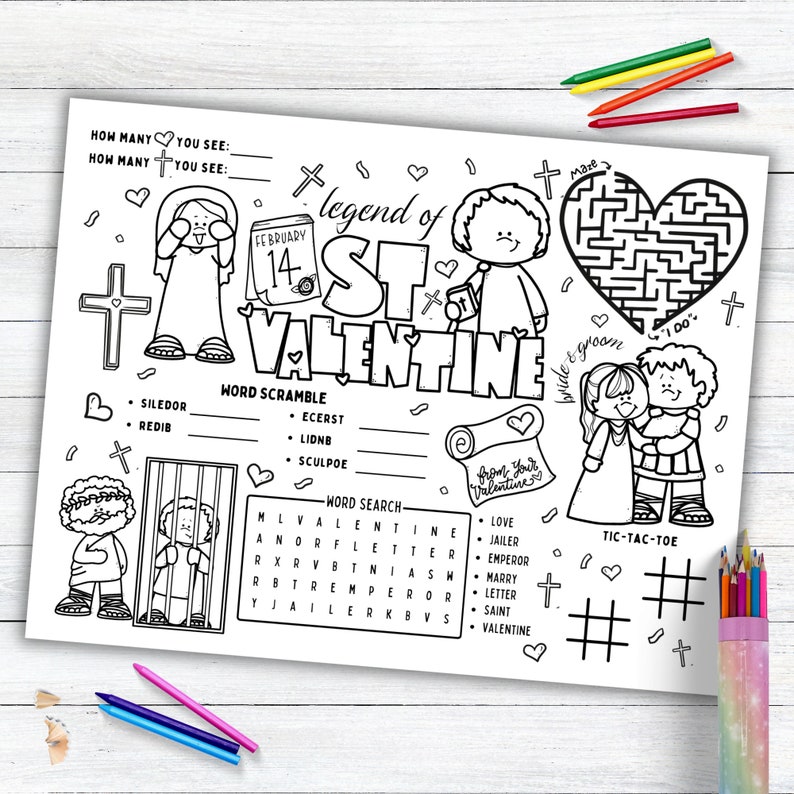 The Legend of St. Valentine Activity Placemat, Valentine's Day Coloring ...
