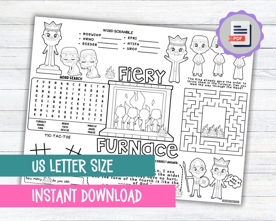 Fiery Furnace Activity Placemat, Story of Shadrach, Meshach Abednego ...
