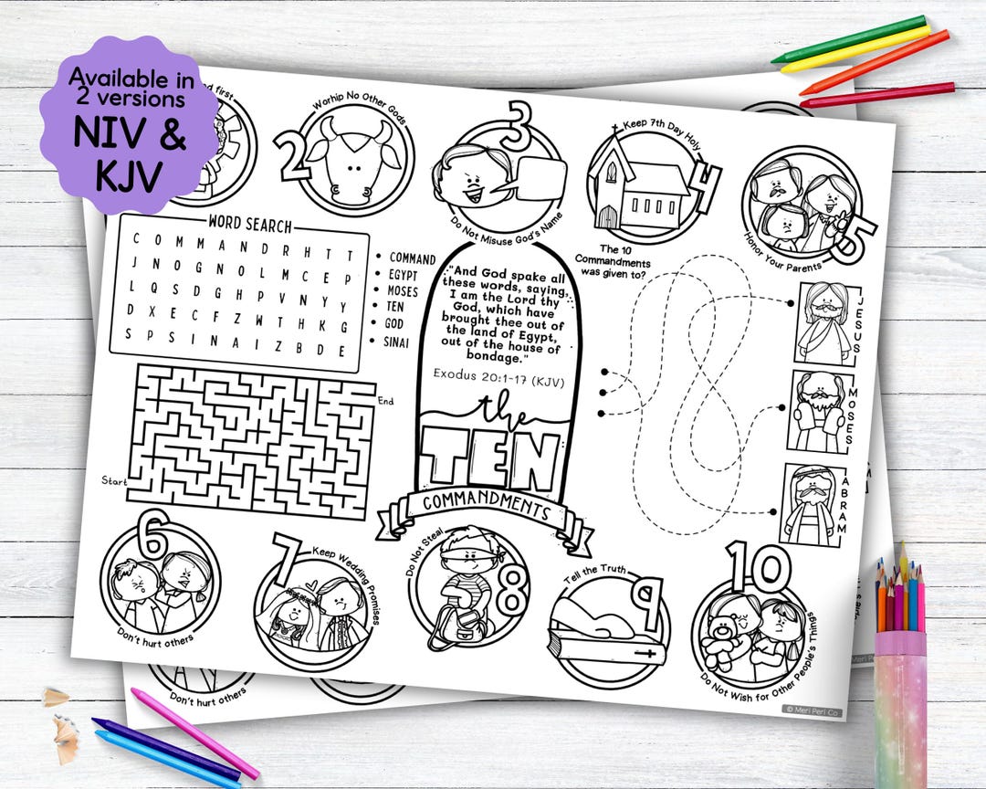 The Ten Commandments Activity Placemat, Bible Story Coloring Placemat ...