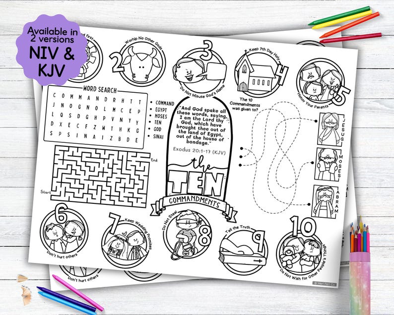 The Ten Commandments Activity Placemat, Bible Story Coloring Placemat ...