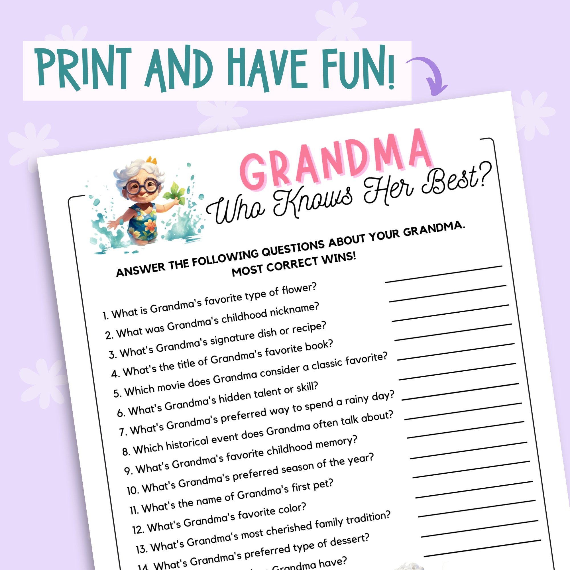 Who Knows Grandma Best? Printable Game - Grandparent's Day Game ...