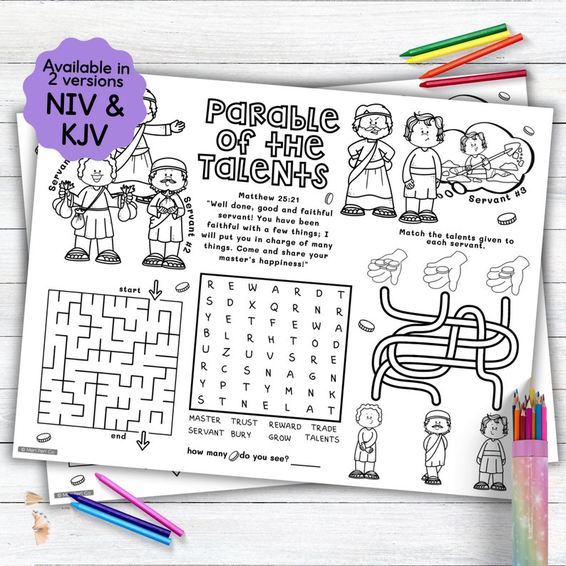 Parable of the Talents Activity Placemat, Jesus Bible Story Coloring ...