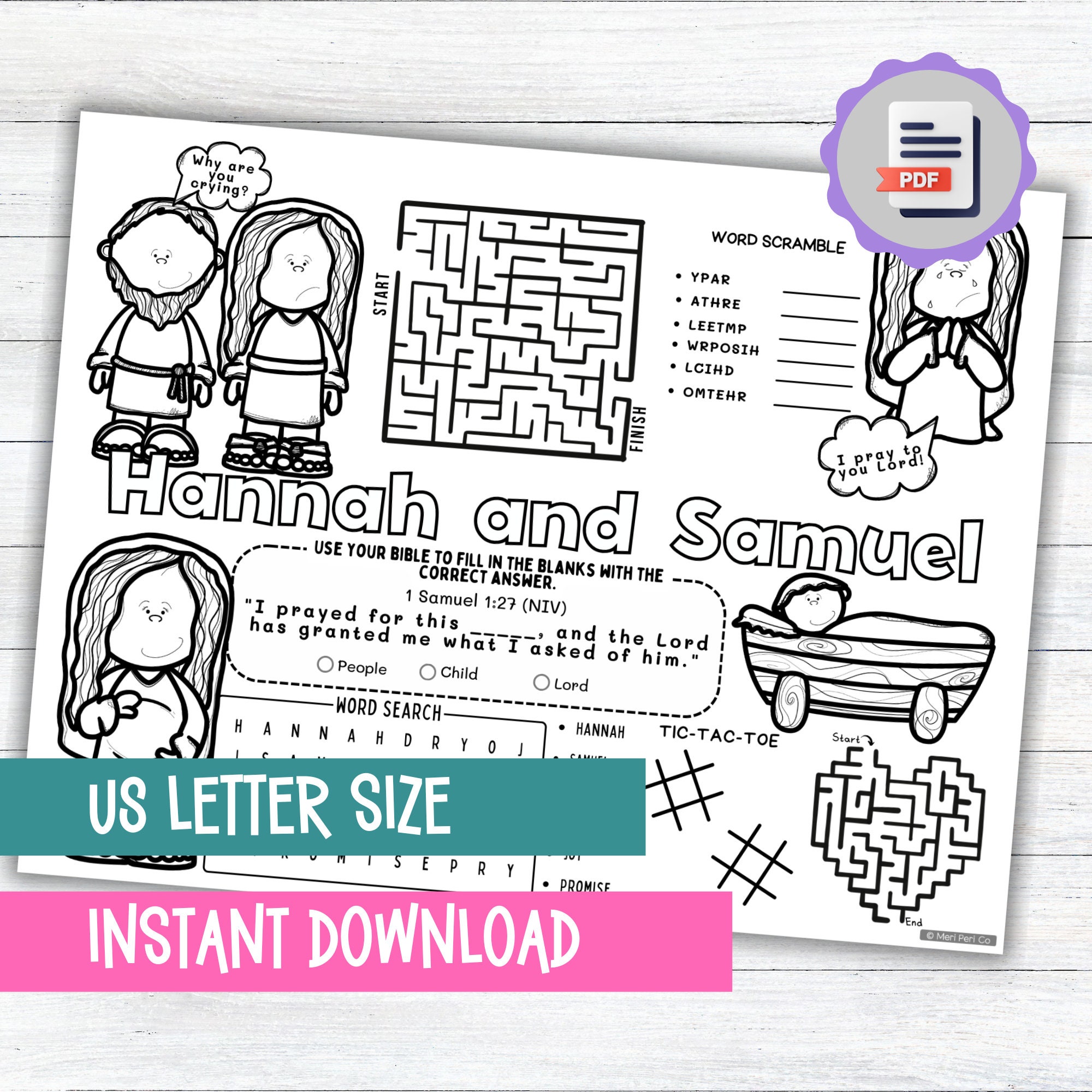 Hannah and Samuel Activity Placemat, Bible Story Coloring Placemat as ...