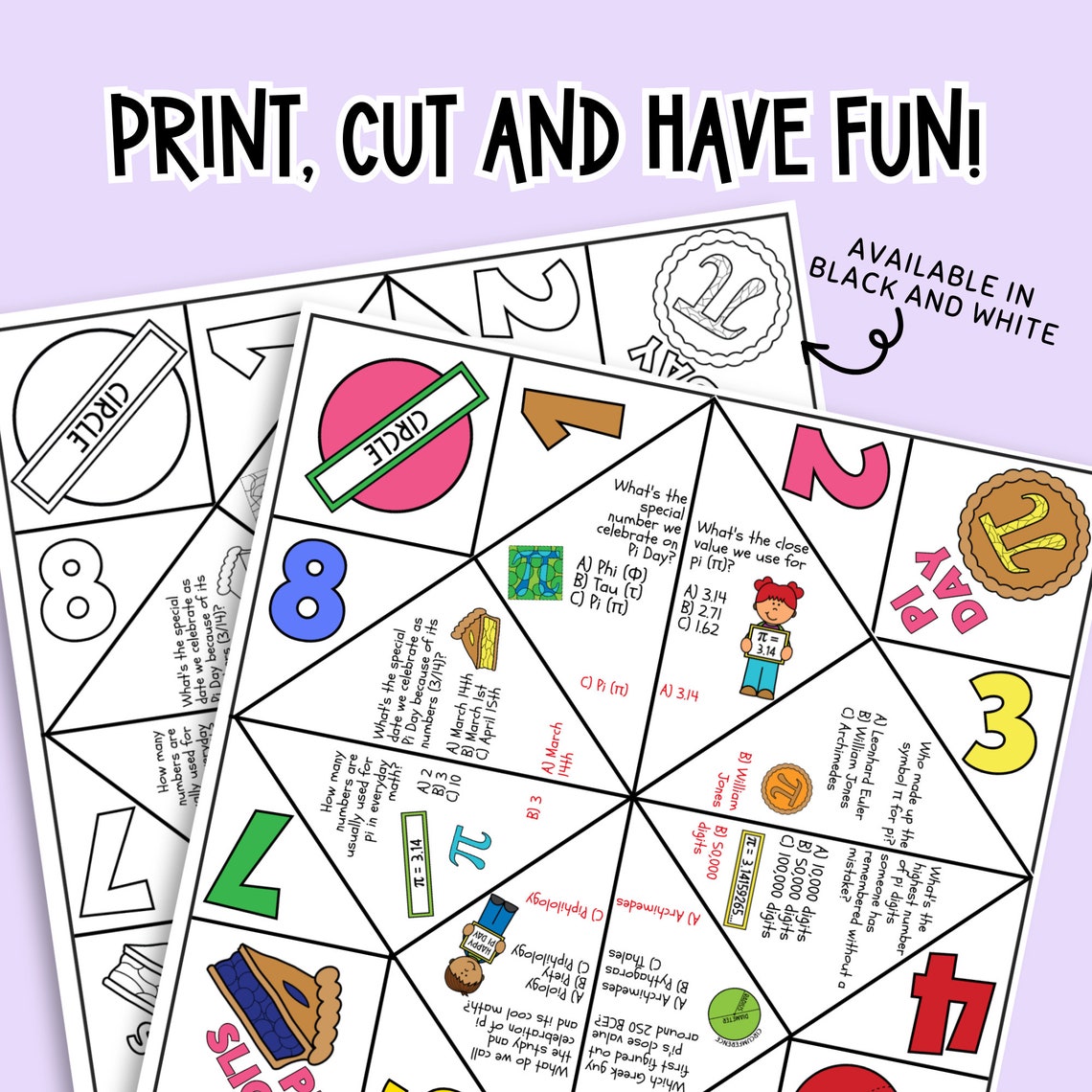 Pi Day Cootie Catcher - Pie Day, March 14 Paper Fortune Teller Game for ...