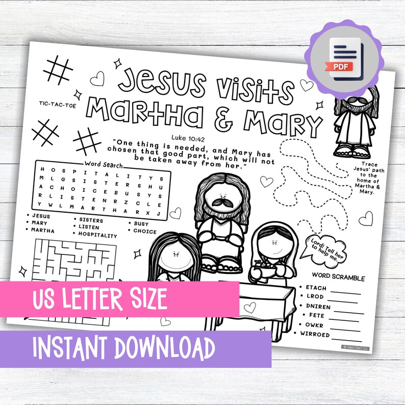 Jesus Visits Martha and Mary Activity Placemat, Bible Story Coloring Placemat as Christian Kids ...