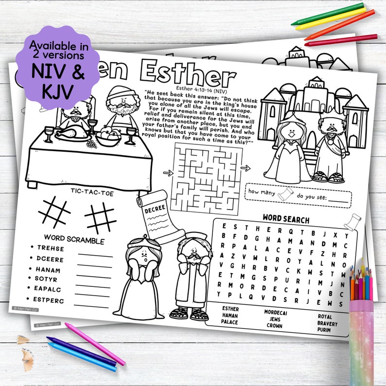 Queen Esther Activity Placemat, Bible Story Coloring Placemat as Kids ...
