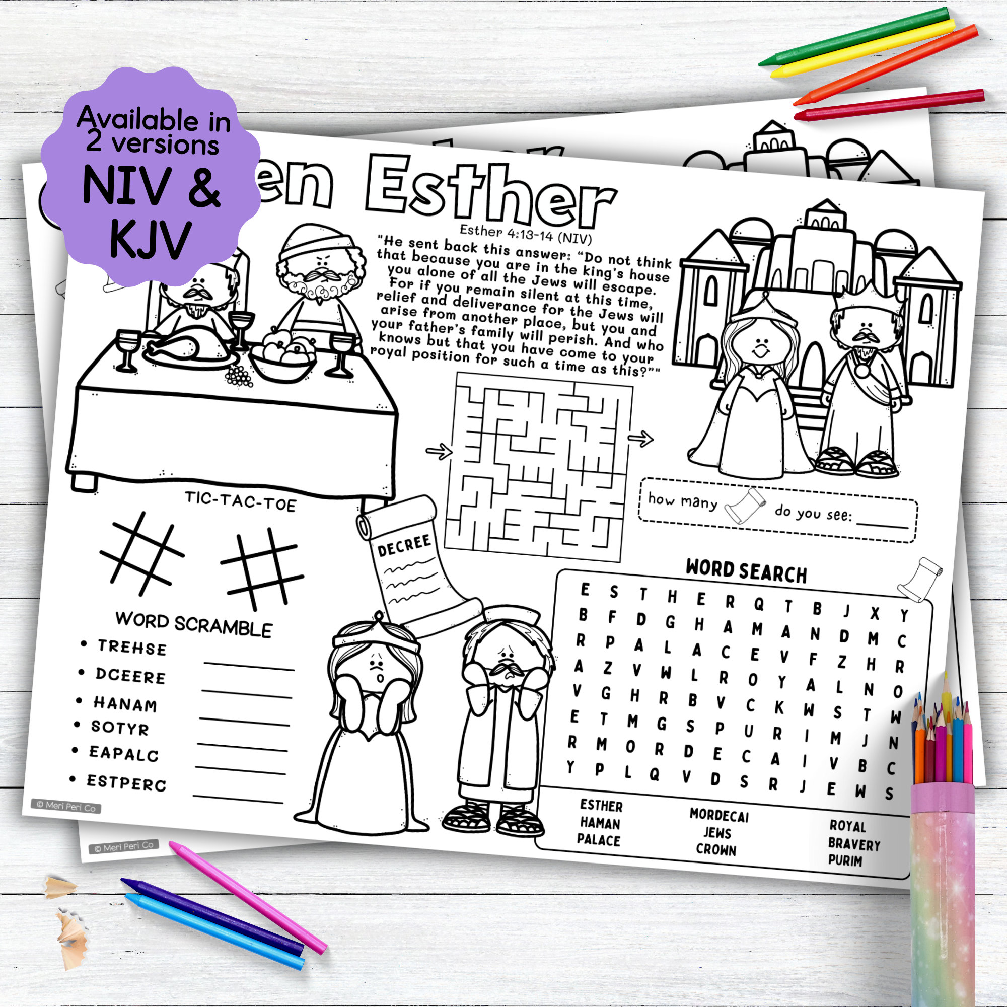Queen Esther Activity Placemat, Bible Story Coloring Placemat as Kids ...