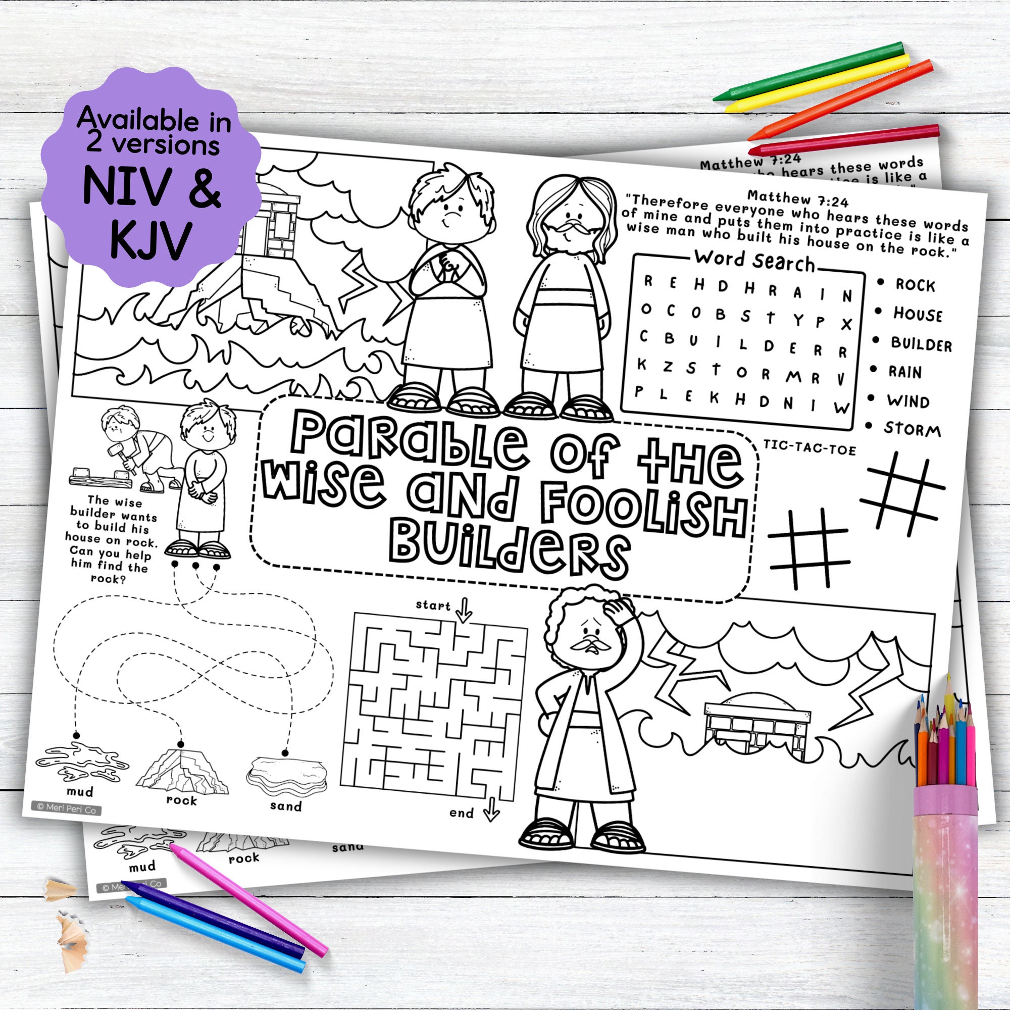 Parable of the Wise & Foolish Builders Activity Placemat, Bible Story ...