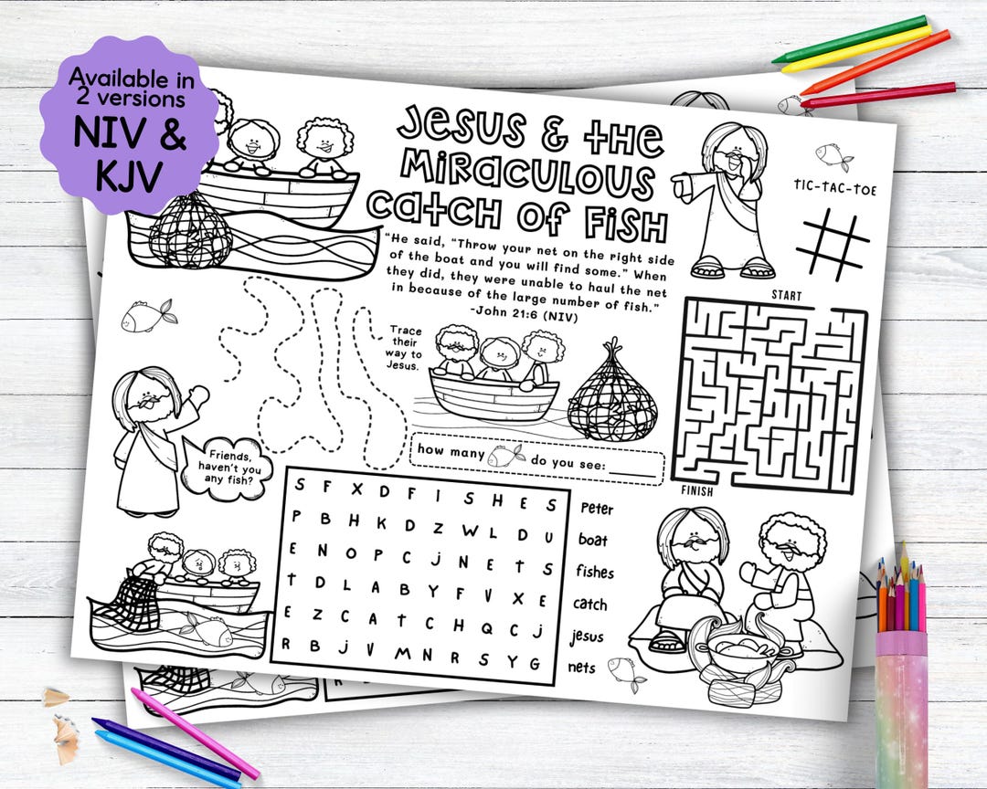 Jesus & Miraculous Catch of Fish Activity Placemat, Jesus Bible Story ...