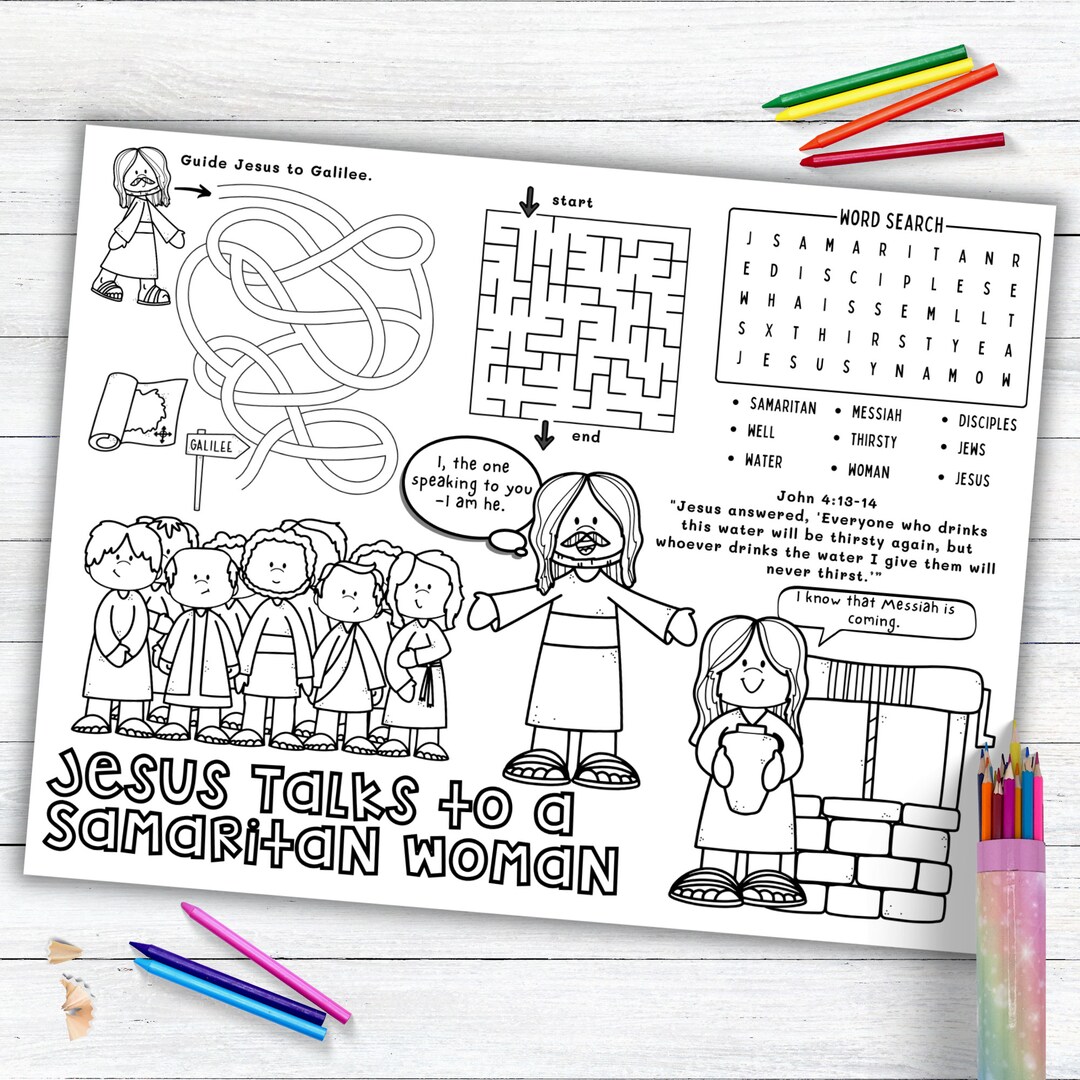 Jesus Talks to a Samaritan Woman Activity Placemat, Bible Story ...