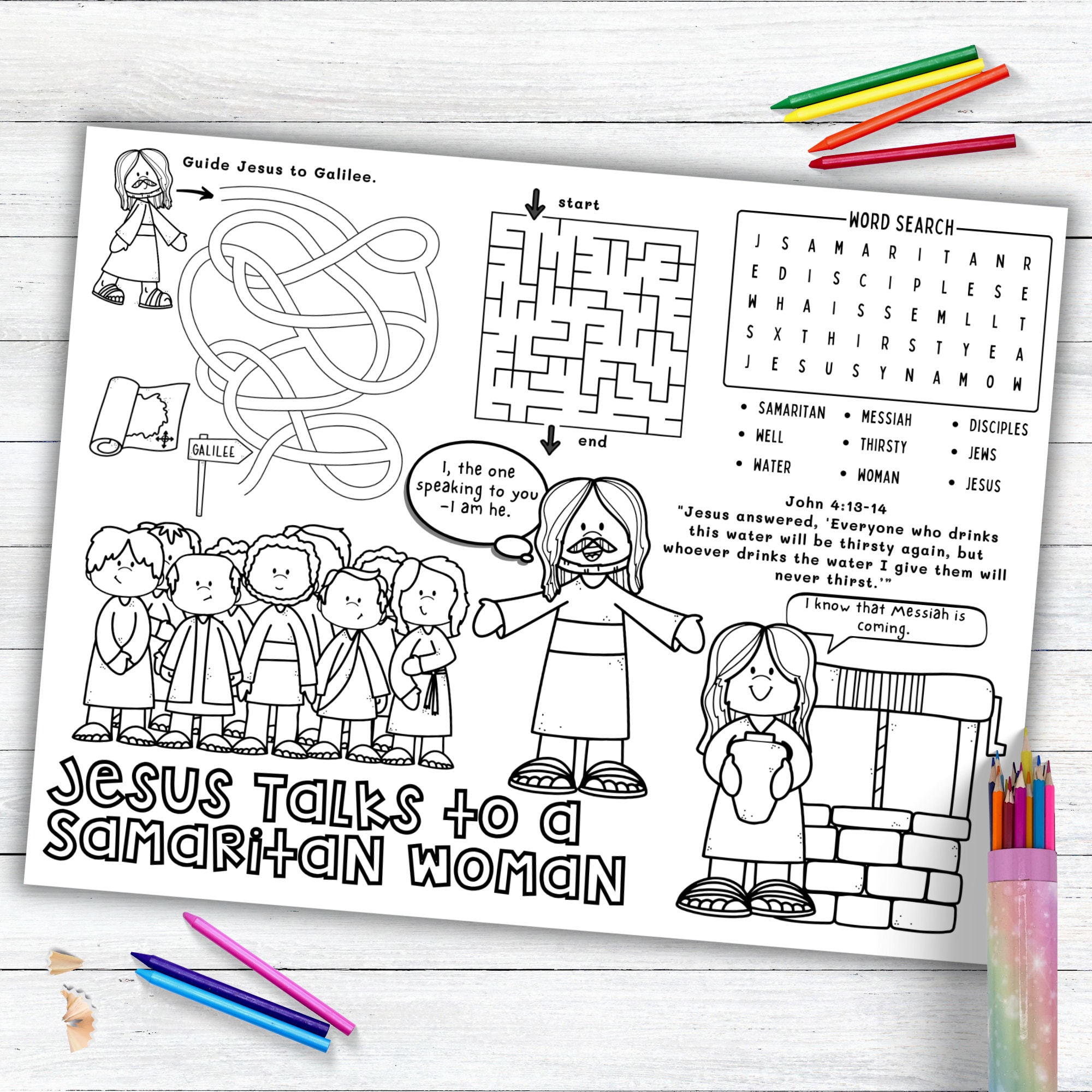 Jesus Talks to a Samaritan Woman Activity Placemat, Bible Story ...