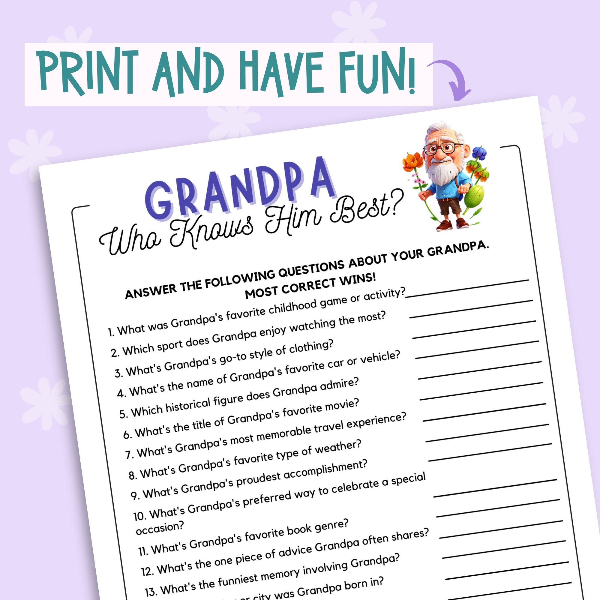 Who Knows Grandpa Best? Printable Game - Grandparent's Day Game ...