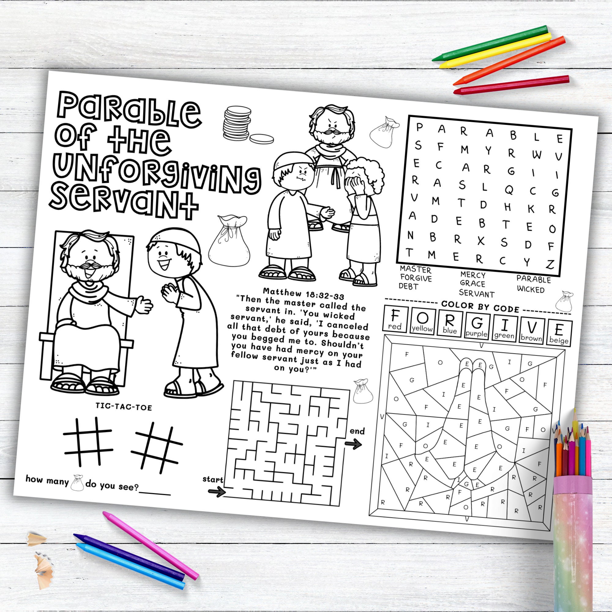 Parable of the Unforgiving Servant Activity Placemat, Bible Story ...
