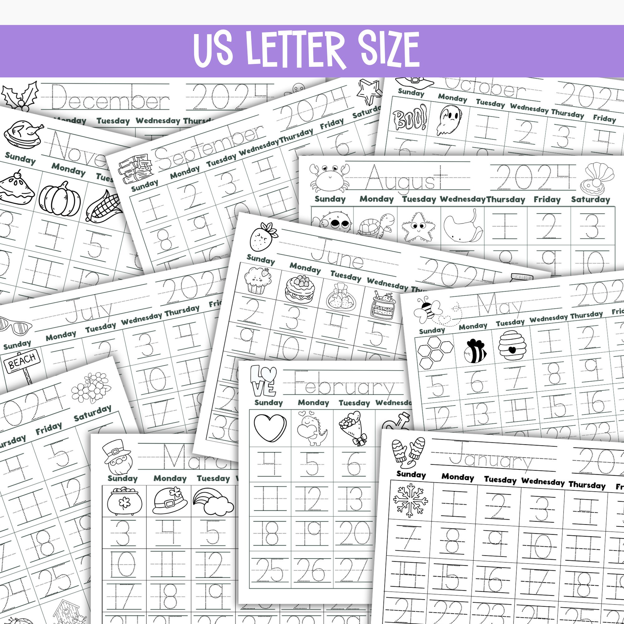 Printable 2024 Traceable Calendar for Kids - Printable Coloring Monthly ...