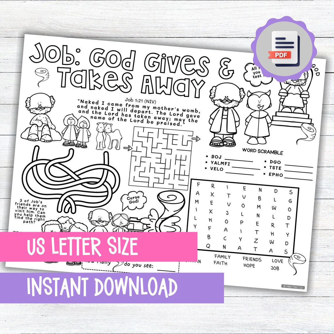 Job: God Gives and Takes Activity Placemat, Bible Story Coloring ...