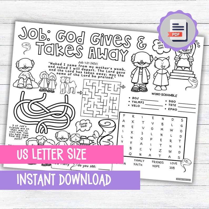 Job: God Gives and Takes Activity Placemat, Bible Story Coloring ...