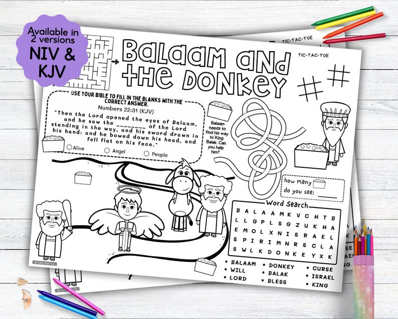 Balaam and the Donkey Activity Placemat, Old Testament Bible Coloring ...