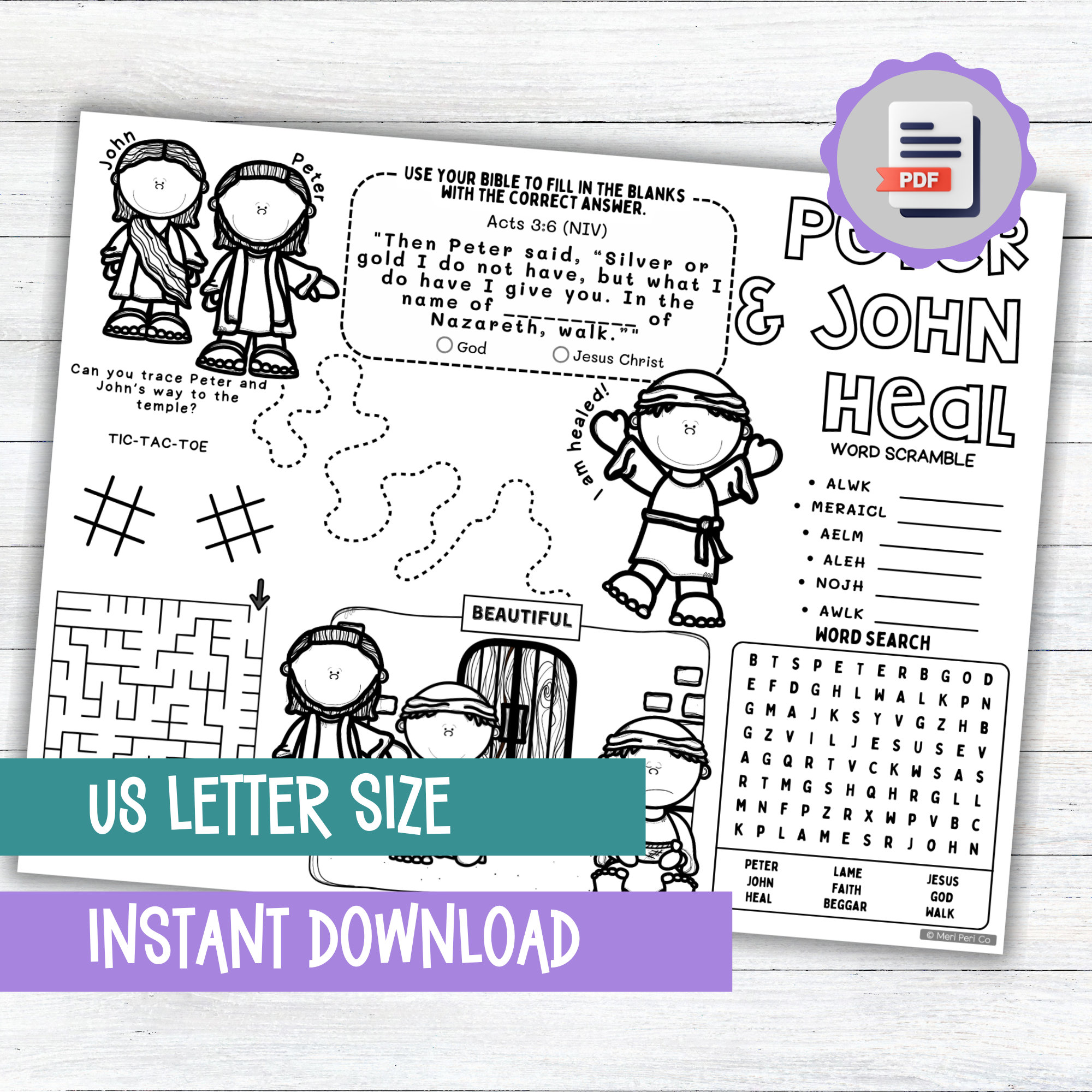 Peter and John Heal Activity Placemat, Jesus Bible Story Coloring ...