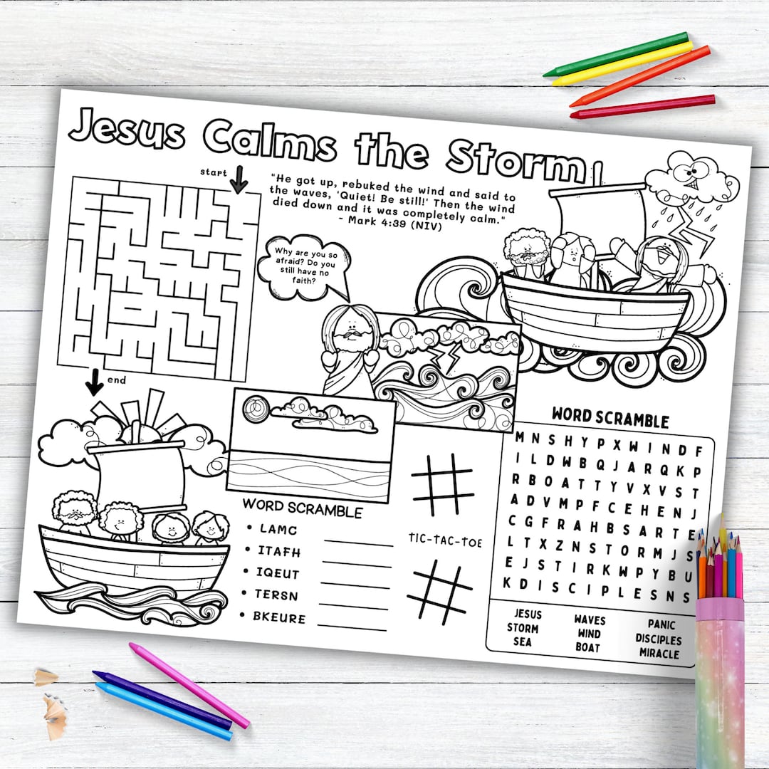 Jesus Calms the Storm Activity Placemat, Jesus Bible Story Coloring ...