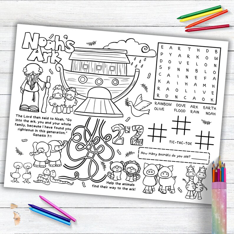 Noah's Ark Activity Placemat, Bible Story Coloring Placemat as Kids ...