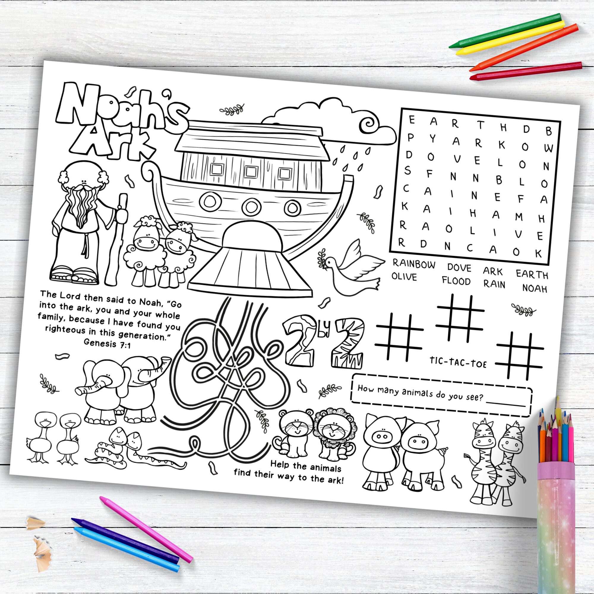 Noah's Ark Activity Placemat, Bible Story Coloring Placemat as Kids ...