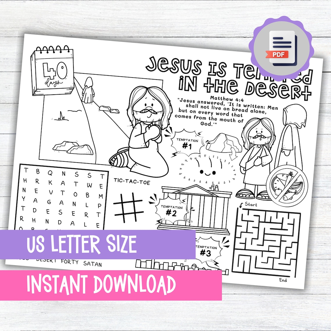Jesus is Tempted in the Desert Activity Placemat, Bible Story Coloring ...