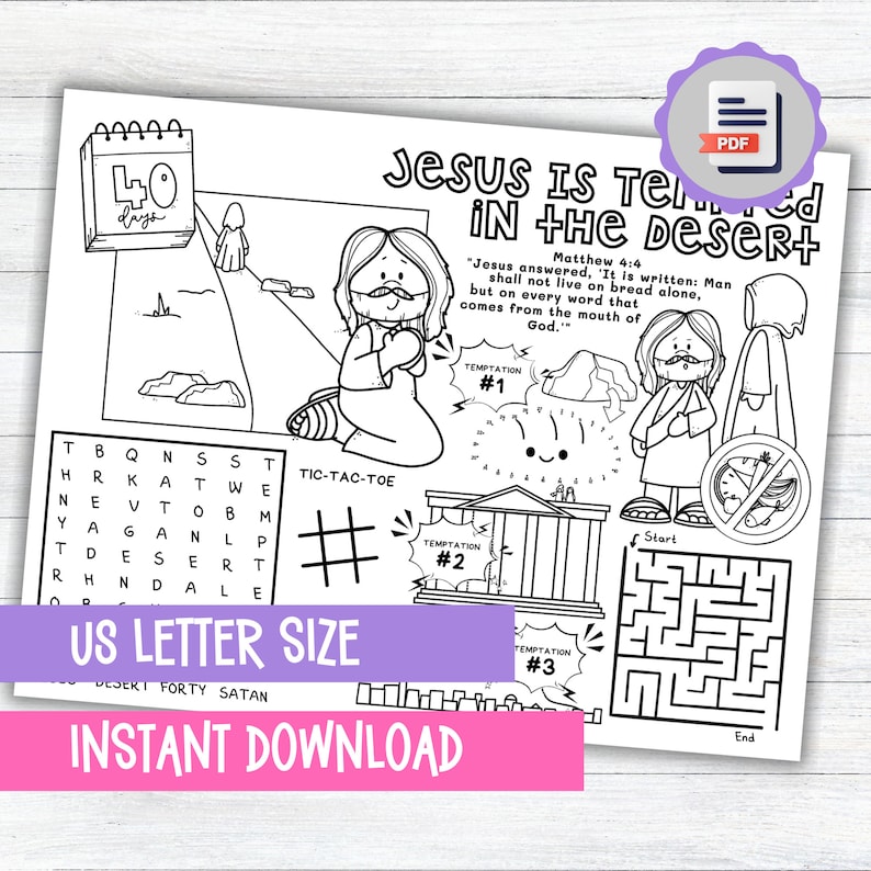 Jesus is Tempted in the Desert Activity Placemat, Bible Story Coloring ...
