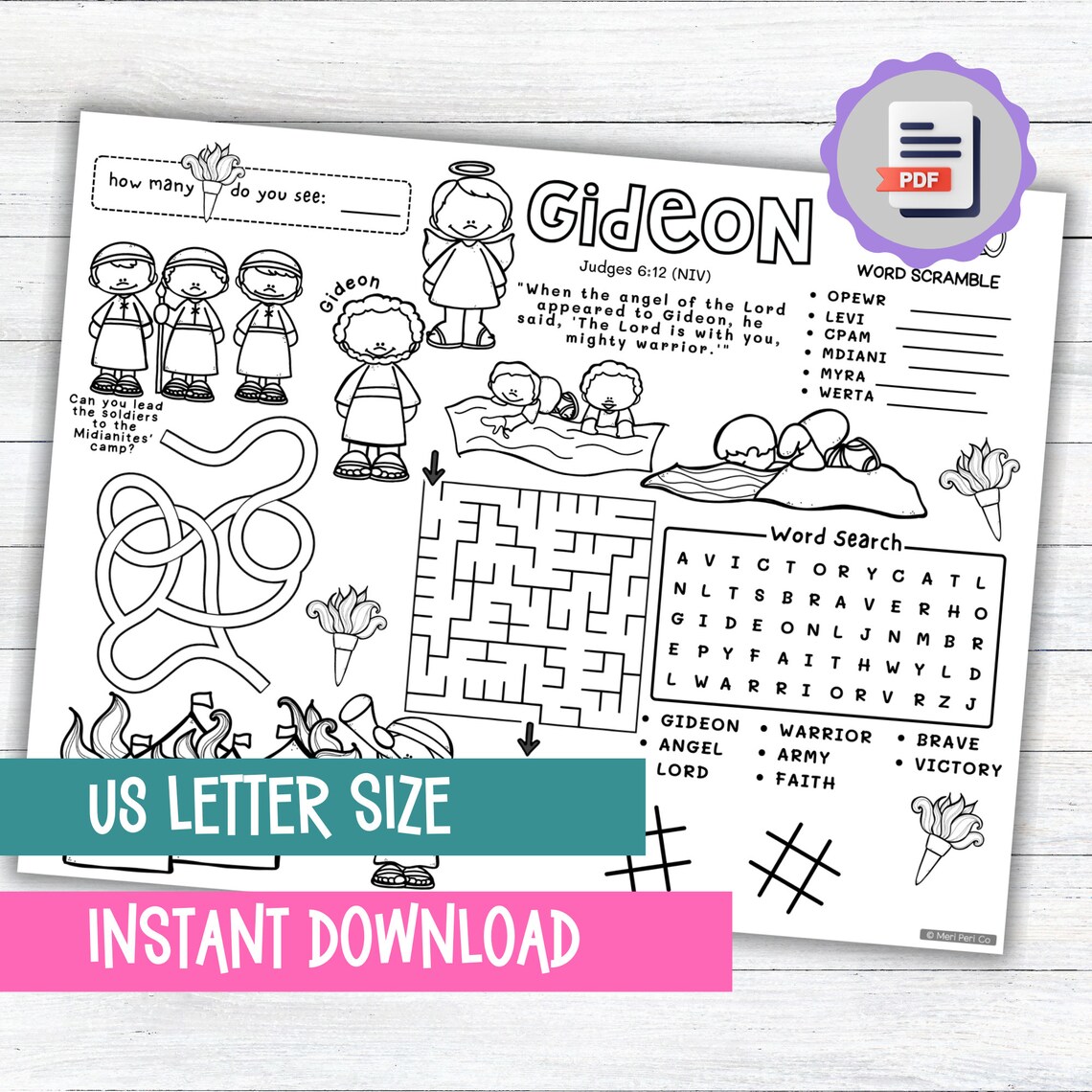 Gideon Activity Placemat, Bible Story Coloring Placemat as Kids ...
