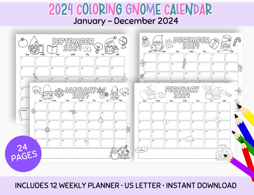 2024 Coloring Gnome Calendar - Printable Coloring Monthly Calendar and ...